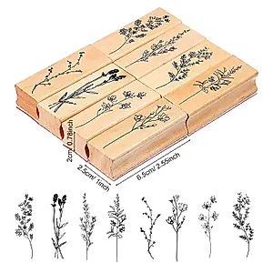 Yayatty 8 PCS Vintage Wooden Rubber Stamps with 5 PCS Craft Ink Stamp Pads Set, Wooden Plant Stamps Set Vintage Rubber Stamps for Crafting for DIY Craft, Letters Diary and Craft Scrapbooking