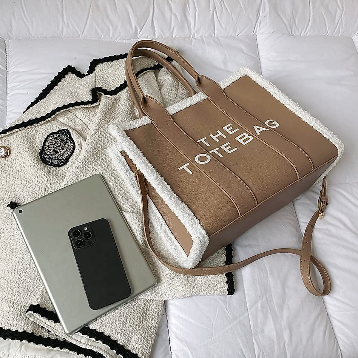 Tote Bag for Women, Large PU Leather Tote Bag with Lamb Wool, Crossbody/Handbag for Travel/Work/School (khaki)