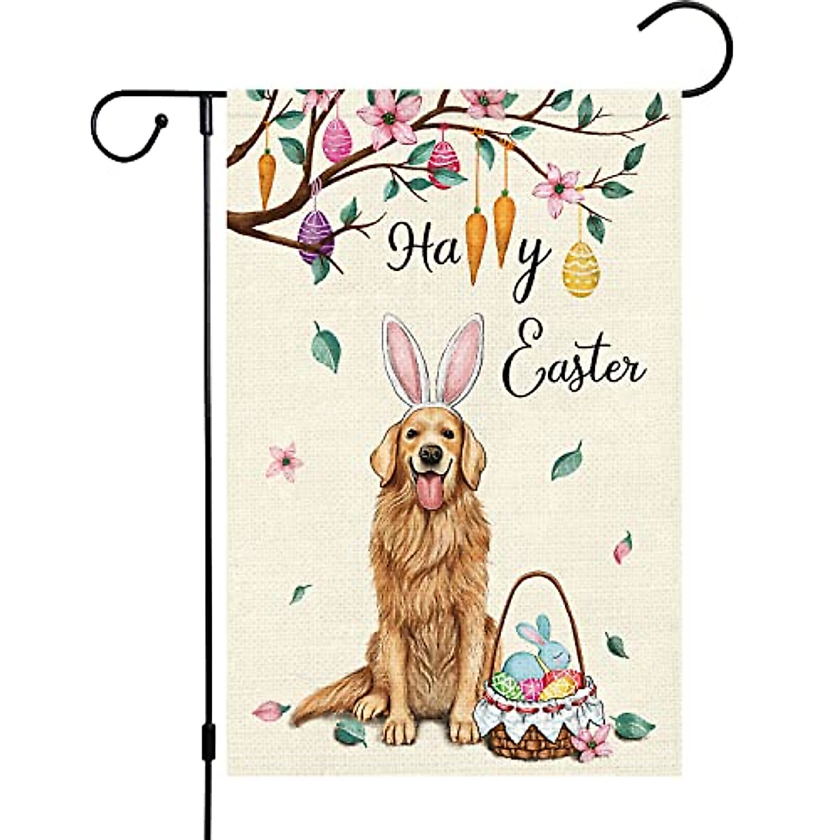 Happy Easter Garden Flag 12x18 Double Sided Burlap, Small Welcome Easter Egg Tree Dog Bunny Rabbit Garden Yard Flags for Spring Outdoor Outside Decoration (Only Flag)