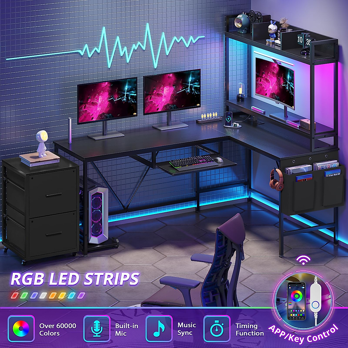 UPOSOJA L Shaped Gaming Desk with Keyboard Tray, Reversible Computer Desk with Power Outlet, Corner Home Office Desks, Mobile File Cabinet Storage Shelves Monitor Stand Drawers (Black, 67in)