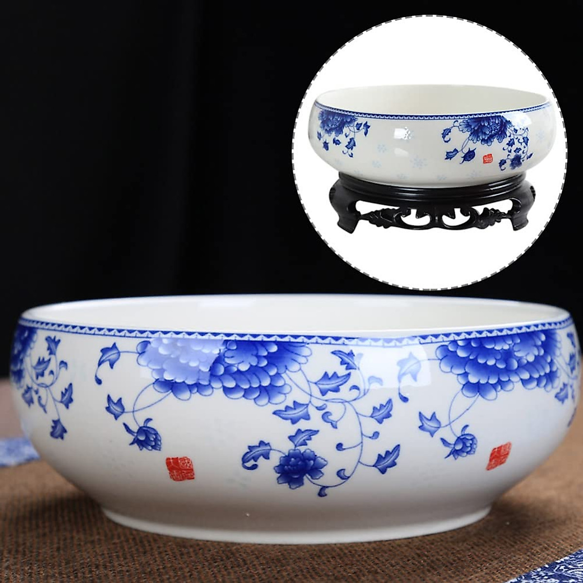 Happyyami House Plants Indoors Live Blue and White Floral Planter Flower Pot with Stand Orchid Pots Bonsai Holder Flower Bowl Garden Decorations for Garden Landscape Office House Plants