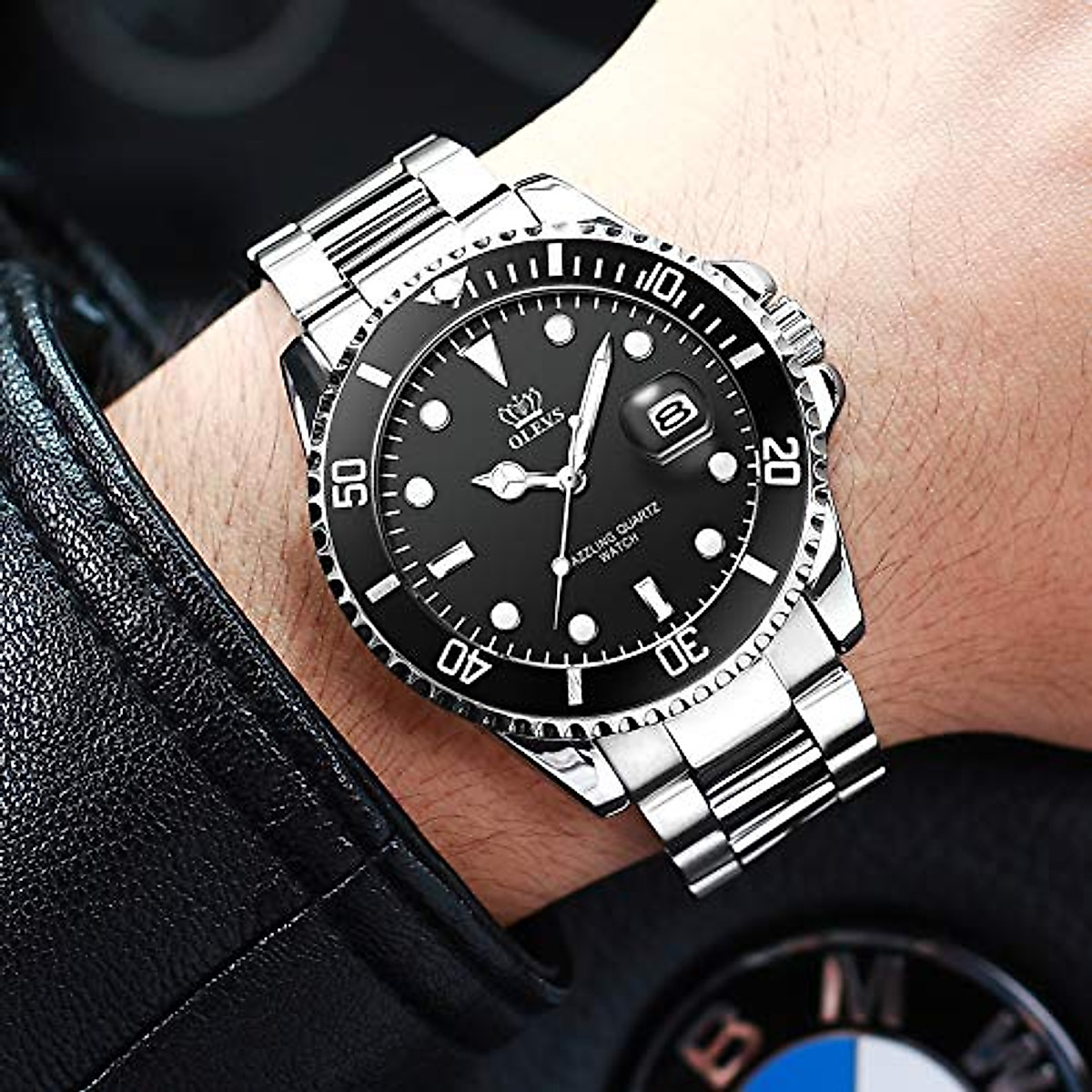 OLEVS Black Watches for Men Classic with Date Business Dress Luxury Large Face Green/Silver/Blue Waterproof Luminous Mens Wrist Watch Analog Two Tone Stainless Steel Reloj para Hombre