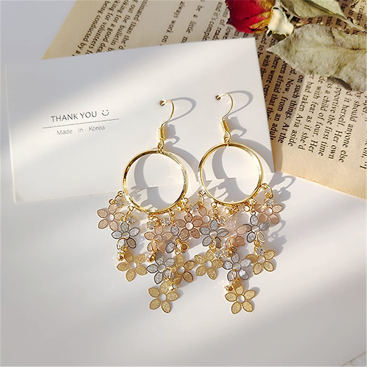 ANDPAI Bohemian Long Colorful Chandelier Tassel Flower Dangle Drop Hoop Earrings for Women(Gold)