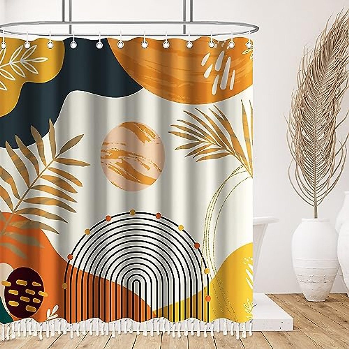 GiuMsi 72"X72" Fabric Boho Clay Style Shower Curtain Set Abstract Brown Beige Arch Sun Modern Leaves Bathroom Curtain Washable Durable Home Decoration 12 Hook