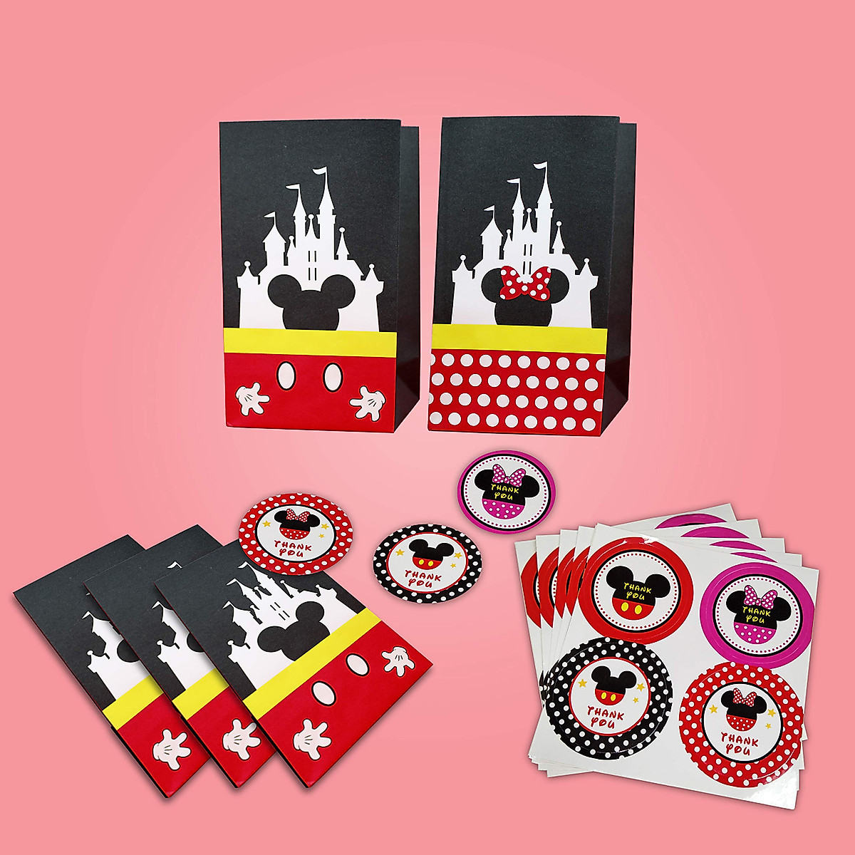 MOAXMOA Party favor Gift Bags Candy Treat Bags Birthday Baby Shower Wedding Mickey Minnie Theme Decorations Supplies with Stickers Set of 24
