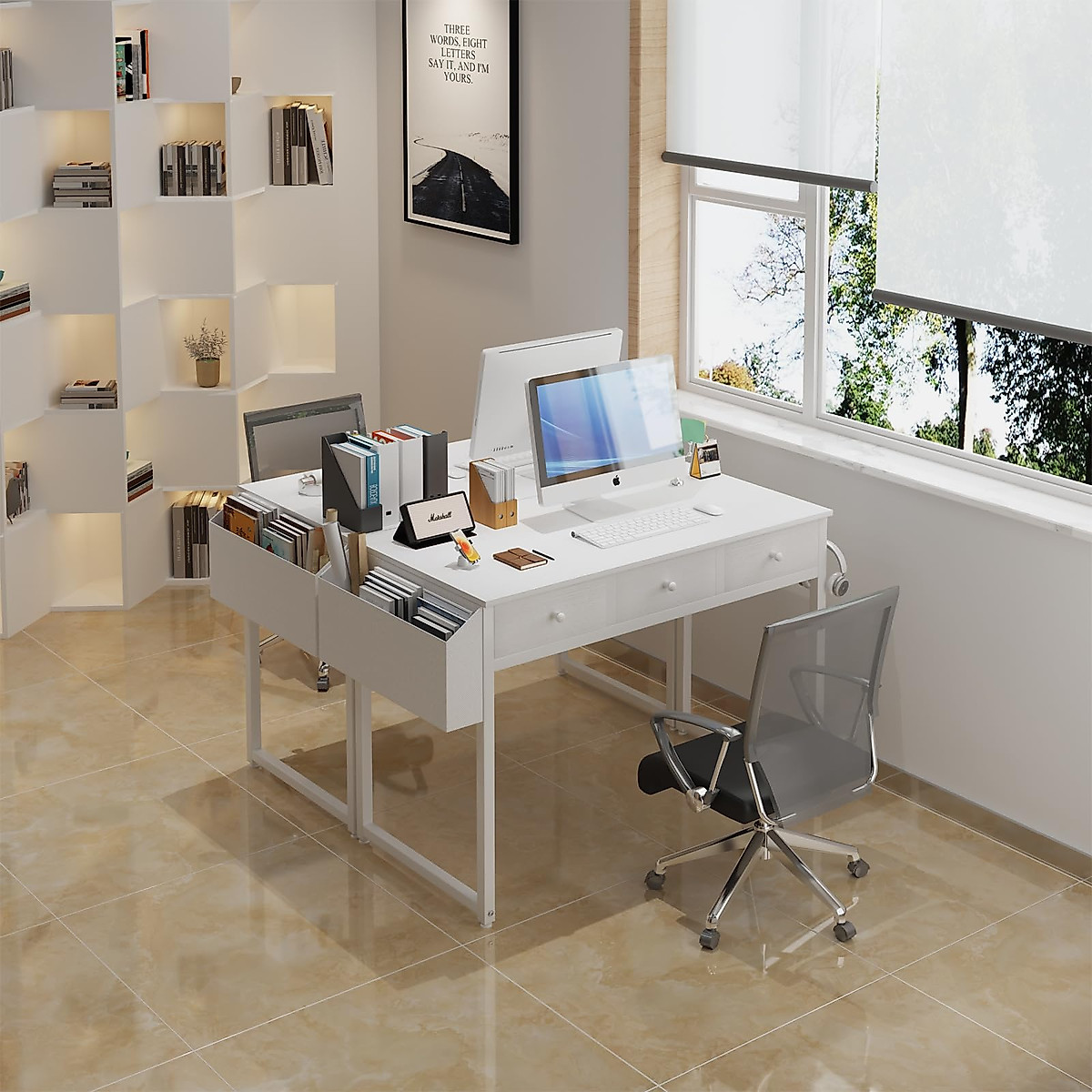 Lufeiya Small White Computer Desk with Fabric Drawers for Home Office Bedroom, 40 Inch Vanity Desk with Drawer Storage and Side Pouch, Study Writing Table, White