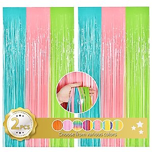 BEISHIDA 2Pcs Blue Pink Green Door Streamers Pastel Colors Foil Fringe Curtains Photo Backdrop for Wedding Party Birthday Stage Bridal Shower Decor(3.28 ft x 6.56 ft)