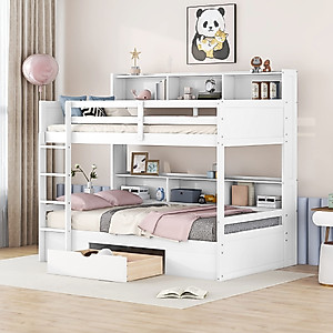 Harper & Bright Designs Bunk Bed Twin Over Twin with Storage,Wood Twin Bunk Beds with Built-in Shelves Beside Both Upper & Down Bed,Multi Storage Bunk Beds with Drawer for Kids Girls Boys,White