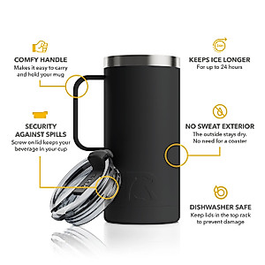 RTIC 16 oz Coffee Travel Mug with Lid and Handle, Stainless Steel Vacuum-Insulated, Hot and Cold Drink, for Car, Camping, Black