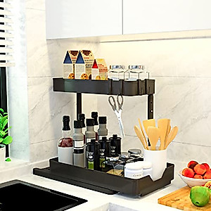 Adjustable Height Under Sink Organizers and Storage, 2 Tier Slide Out Shelf Under Cabinet Kitchen Storage with 4 Hooks, Pull Out Under Sink Organizer for Kitchen Bathroom Counter Office Pantry