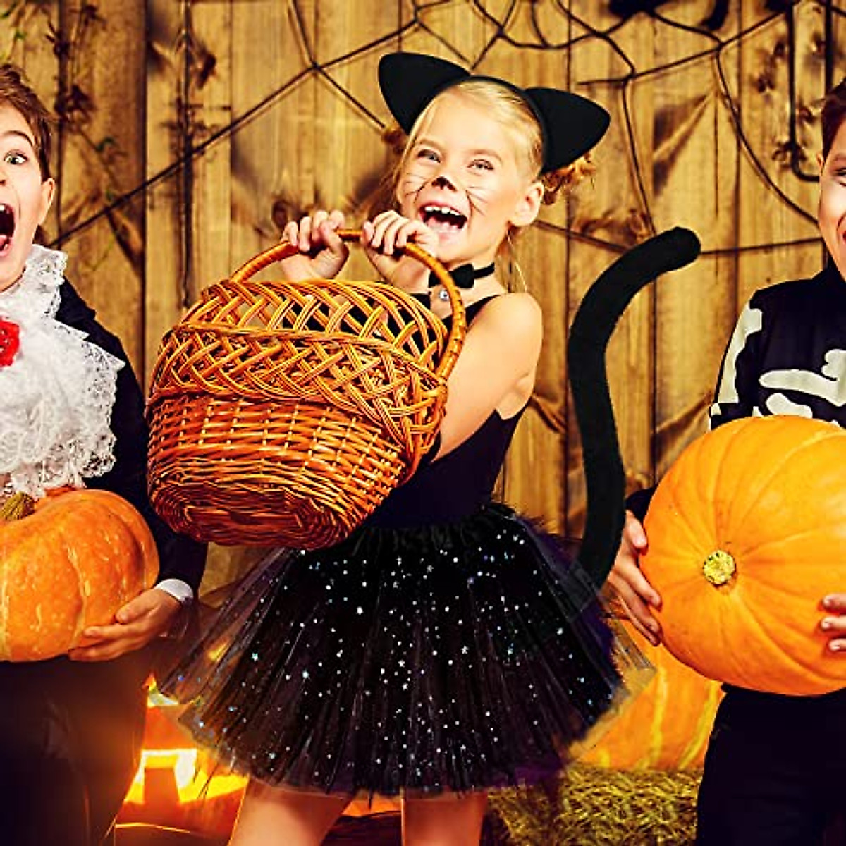 Hotop 4 Pcs Black Cat Costume Set Girls Cat Cosplay Costume Cat Ears Headband Tail Bowtie Black Tutu Skirt for Kitty Halloween Costume Dress up Party