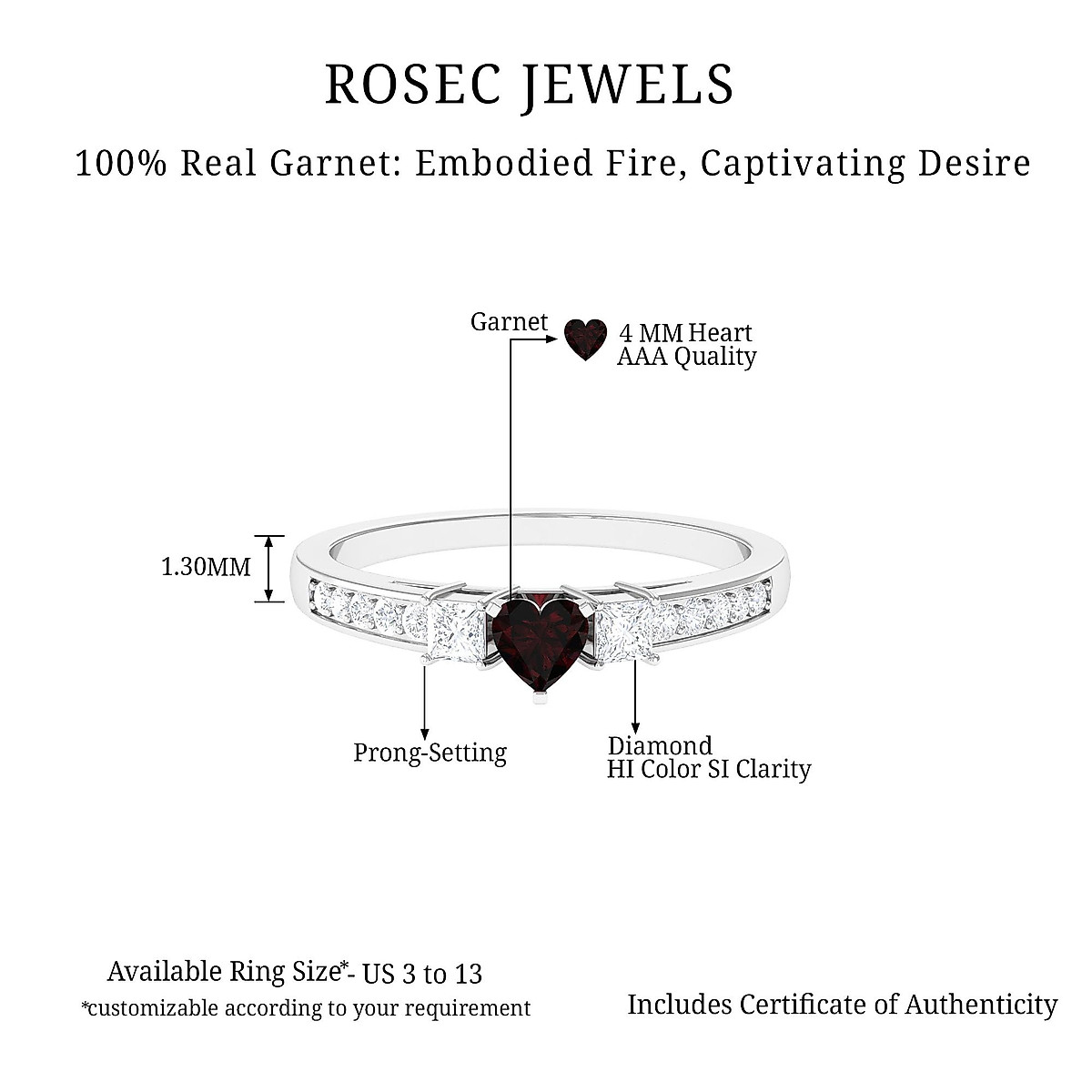 Rosec Jewels 0.75 Cttw Heart Garnet Anniversary Ring with Diamond for Women (AAA Quality), 14K White Gold, Size:US 9.00