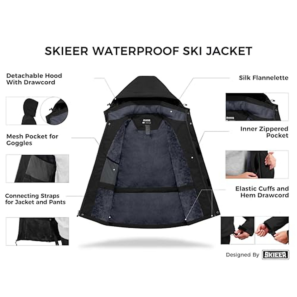 Skieer Men's Waterproof Snowboarding Coat Warm Quilted Ski Coat Windproof Short Winter Jacket(Black,X-Large)