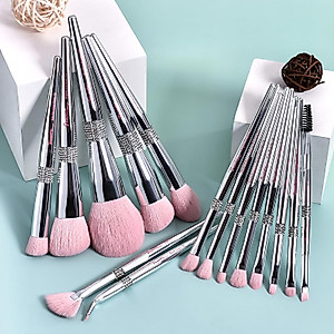 Bueart Design Elegant pink Ultra soft labeled Makeup Brushes Sets with Brush Holder makeup brush set with Foundation Powder blush blending contour Brush (15Pcs Silver Pink+Holder)