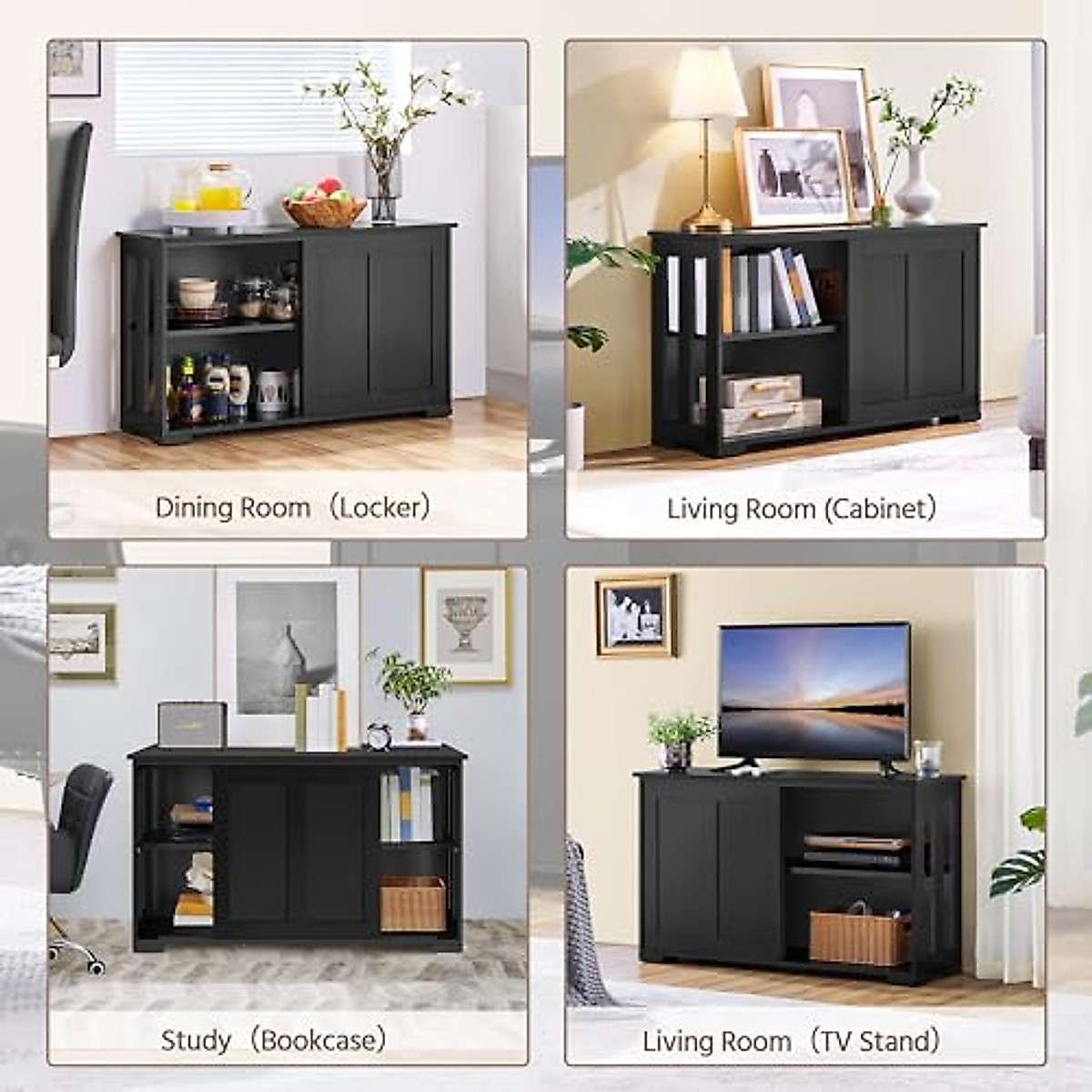 Yaheetech TV Stand, Wooden Storage Console Table with Sliding Door and Adjustable Shelf, Free Standing Cabinet for TV up to 45 Inch, Media Entertainment Center Home Living Room Furniture, Black