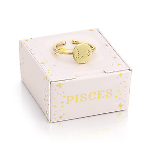 Lucky Feather Pisces Zodiac Sign Ring Gift Constellation Gifts for Women and Teen Girls, 14K Gold-Dipped Pisces Ring, One Size