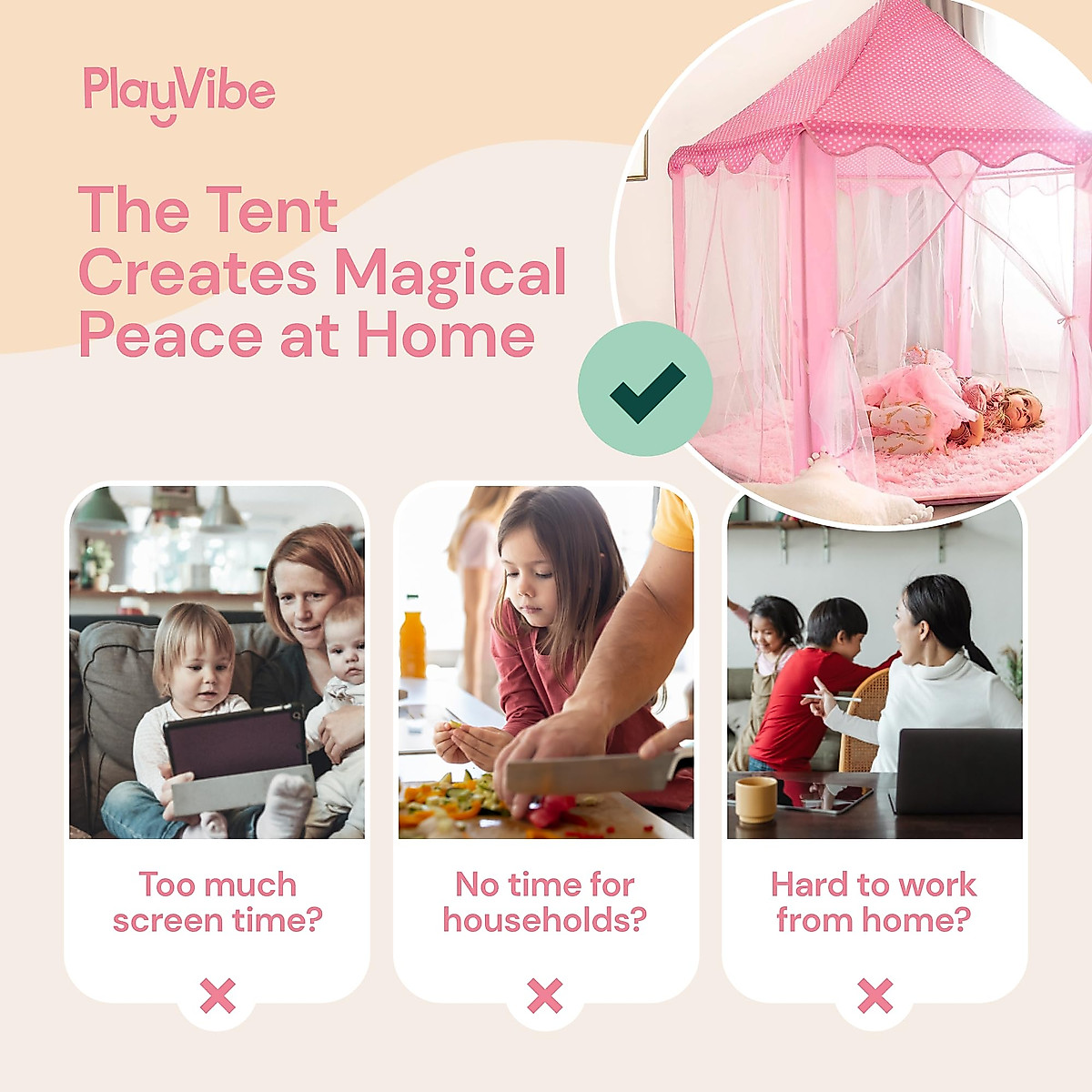 PLAYVIBE Princess Tent for Kids Tent 55"x53" – Princess Toys Kids Tent with Ultra Soft Rug & Star Led Lights – Princess Castle, Indoor & Outdoor