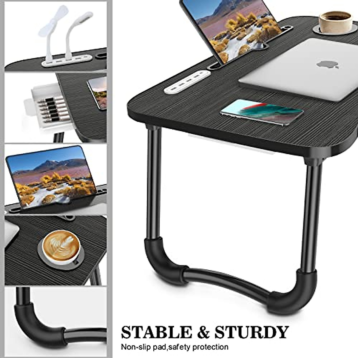 Zapuno Laptop Lap Desk, Foldable Laptop Table Tray with 4 USB Ports Storage Drawer and Cup Holder, Laptop Bed Desk Laptop Stand for Bed Lap Tray Portable Standing Table for Bed Couch Floor