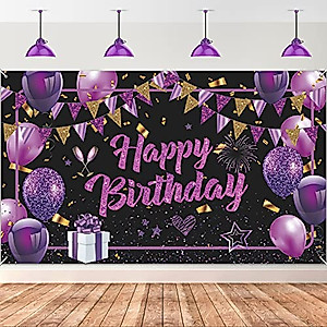 Purple Happy Birthday Banner Purple Black Gold Birthday Party Decorations Large Purple Birthday Sign Shiny Purple Black Birthday Backdrop Photo Booth Background for Women Girls 71 x 44Inch