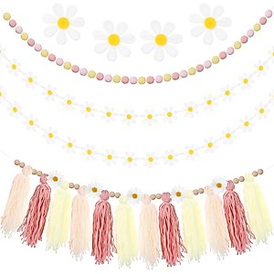 Rtteri 4 Pcs Daisy Garland Felt Ball Classroom Retro Garland Boho Pom Pom Groovy Tassel Garland Hippie Decor Party Banner for School Wedding Birthday Bridal Window Wall Home Room(Pink Series Color)