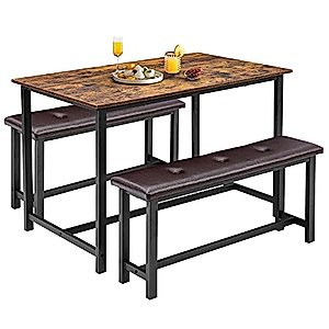 IDEALHOUSE Dining Table Set for 4 with Upholstered Benches, Space-Saving 3 Piece Kitchen Bench Dining Table Set, Rectangular Dining Table for Home, Kitchen, Dining Room, Rustic Brown