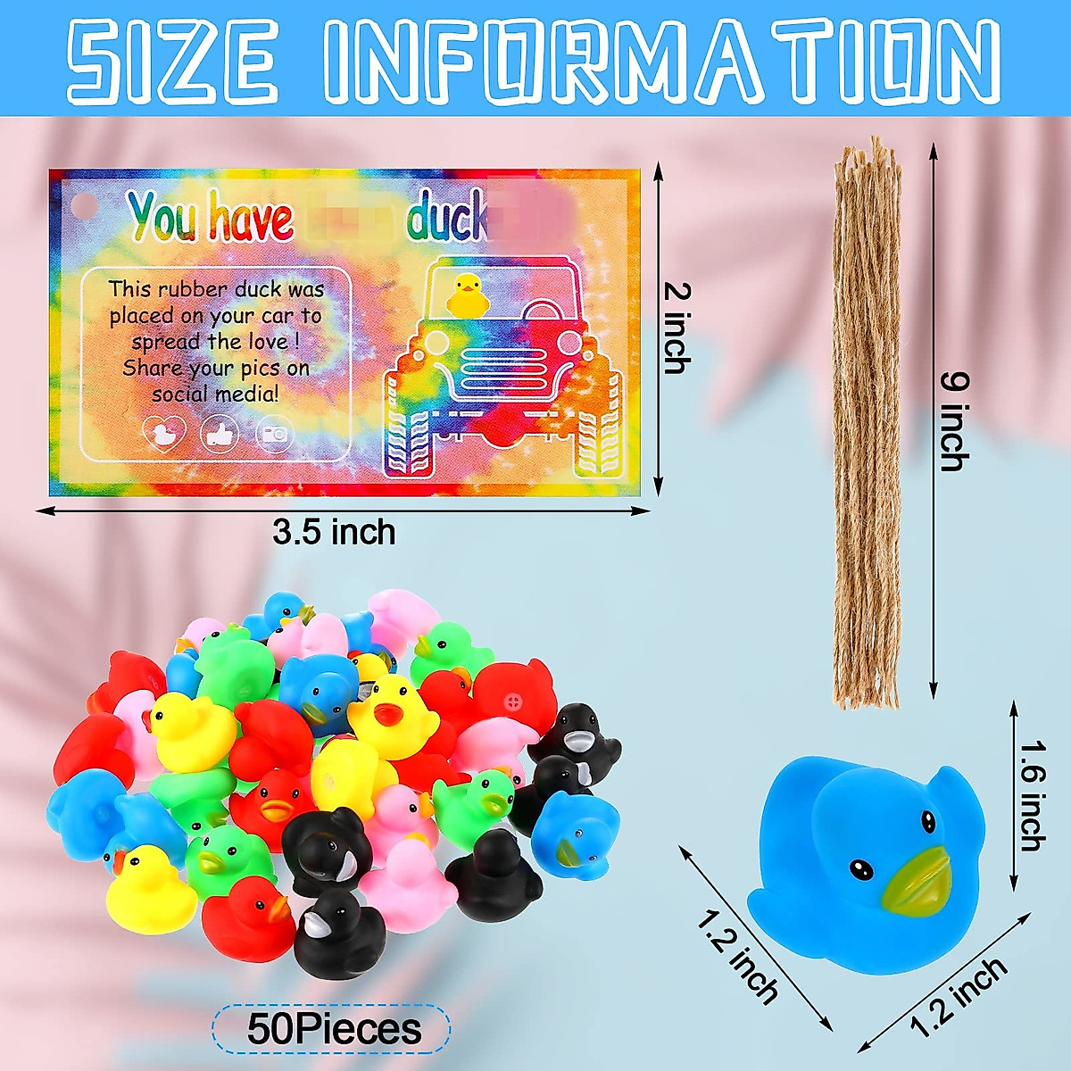 150 Pieces Rubber Ducks and Strings Small Rubber Duck with Duck Tags Mini Rubber Duck for SUV Greeting Card Toy Game Decorations Presents