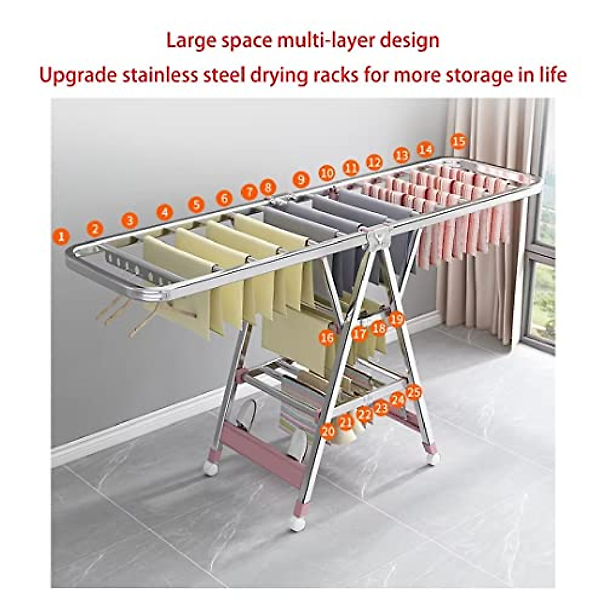 Shenairx Clothes Drying Rack Folding Indoor,Foldable 3-Level Laundry Drying Rack,Free-Standing Drying Rack,with Height-Adjustable Wings,Sock Clips,for Clothes,Sheets,Shoes(180cm)