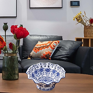 Fruit Bowl Fruit Serving Plate Blue and White Porcelain Decoration Bowl with Foot for Living Dining Drawing Room, 24cm (Blue&White-with foot)