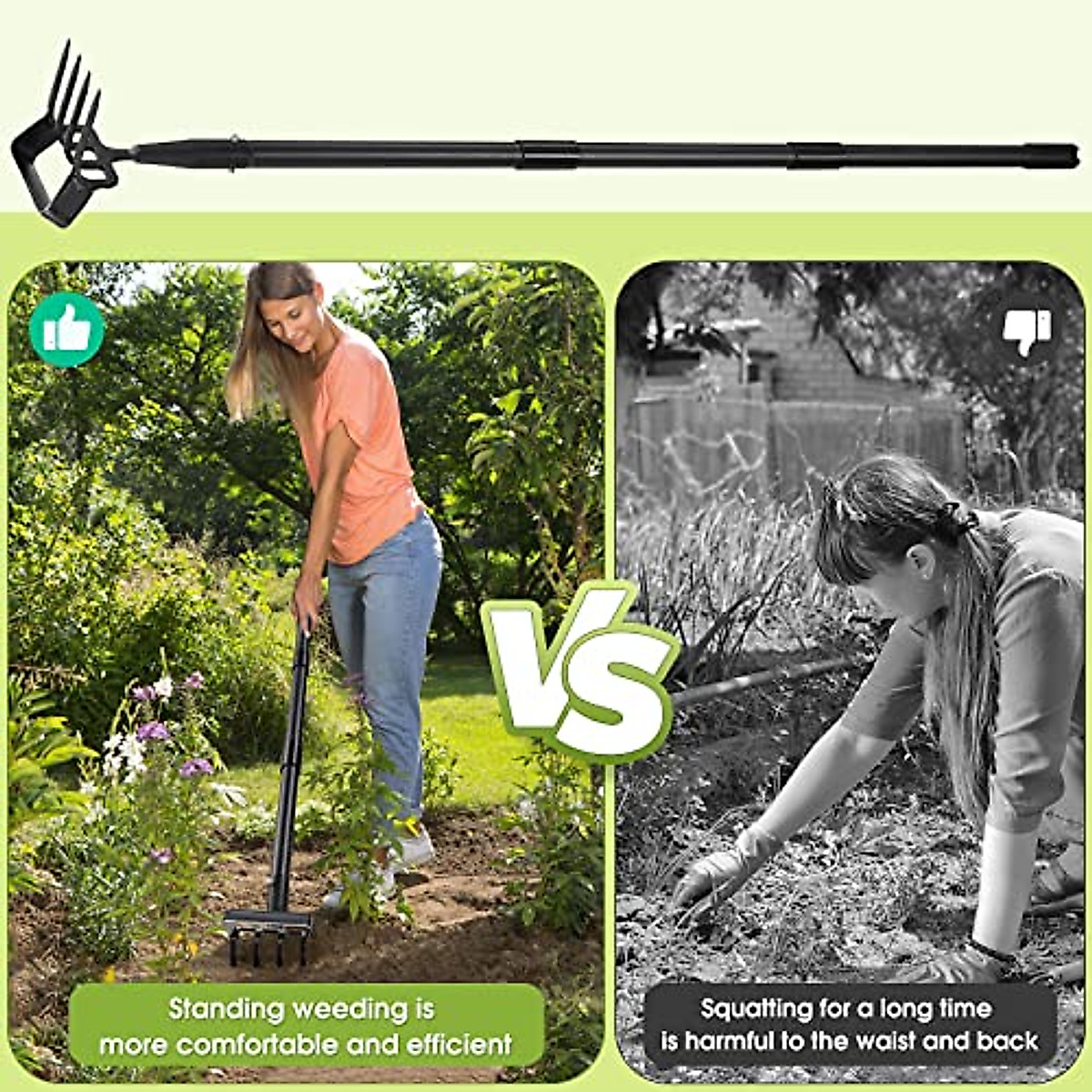 INFLATION Hoe Garden Tool for Weeding,Stirrup Hoe and 4 Tines Rake 2-in-1 Gardening Tool,Long Handle Hula Hoe for Garden,Lawn,Vegetable Garden Loose Soil,Weeding and Planting