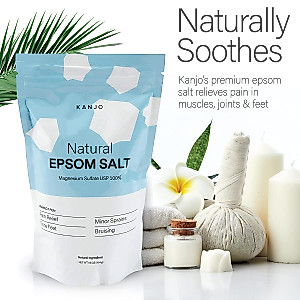FSA HSA Eligible Kanjo Natural Epsom Salt - 100% Pure Magnesium Sulfate USP Bath Salt - Soak for Muscle Pain, Foot Pain, & Joint Pain Relief - Unscented - 16oz Bag
