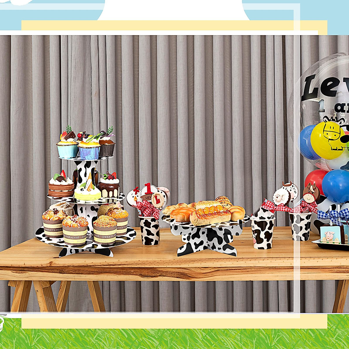 7 Pieces Cow Print Cupcake Stand Set Cow Print Party Supplies 3-Tier Cardboard Cupcake Stand Round Dessert Cake Stand Cow Cupcake Holders Rectangle Serving Tray Cow Party Decorations