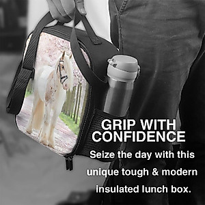 PrelerDIY White Horse Lunch Box - Insulated Lunch Box for Kids with Side Pocket & Shoulder Strap Lunch Bag, Perfect for School/Camping/Hiking/Picnic/Beach/Travel