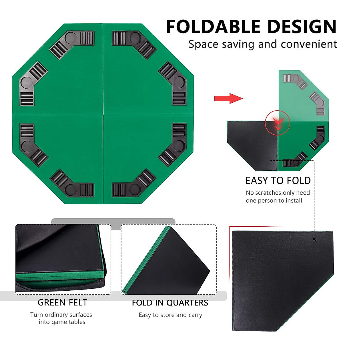 VIVOHOME 48 Inch Foldable 8-Player Texas Poker Card Table Top Layout Portable Anti-Slip Rubber Board Game Mat with Cup Holders and Carrying Bag, Green