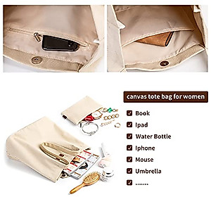 Canvas Casual Tote Bag Beige for Women Shoulder Library Tote Bags 13 x 6 x 14 Inches Travel School Book Teacher Bags and Totes with Inner Pockets for Work
