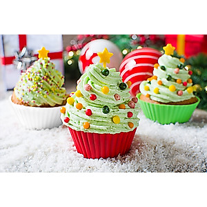 Silicone Cupcake Baking Cups - 24 Pieces Reusable, Muffin Liners, White, Red and Green, BPA Free, Dishwasher Safe MyFurtive Baking Cups, 100% Food Grade Premium Silicone