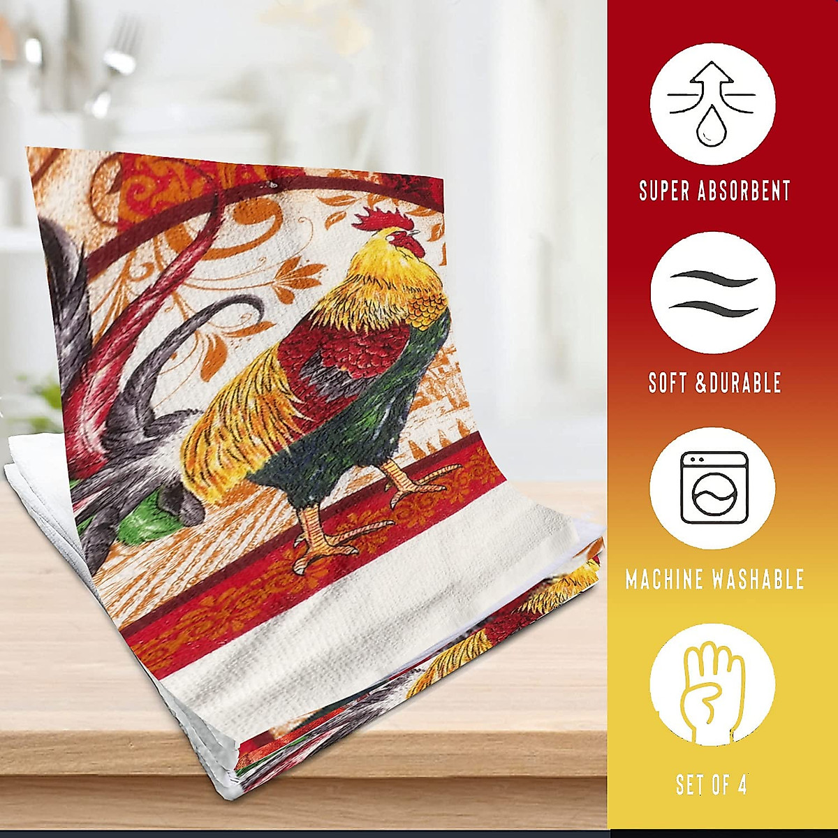 Lobyn Value Packs 4 Pack Absorbent Lightweight Kitchen Dish Towels 15x25 Cotton Poly (Red Rooster)