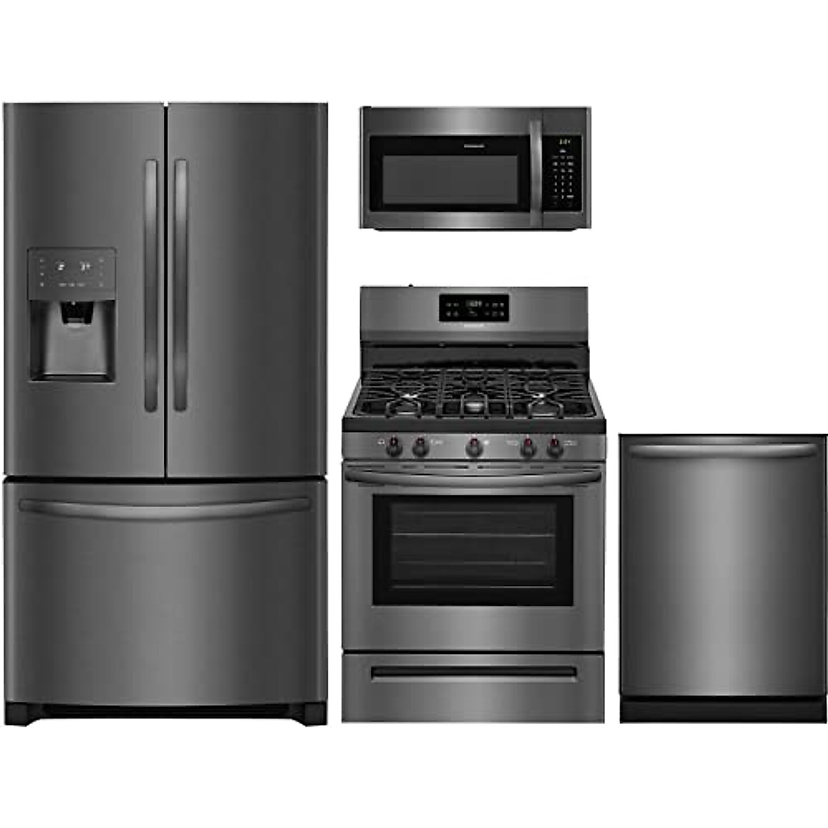 Frigidaire 4-Piece Black Stainless Steel Kitchen Package with FFHB2750TD 36 French Door Refrigerator FFGF3054TD 30 Gas Freestanding Range FFMV1645TD 30 Over-the-Range Microwave and FFID2426TD 24 Fully Integrated Dishwasher