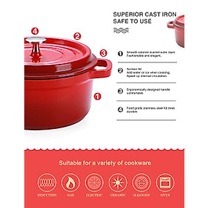 SULIVES Enameled Cast Iron Dutch Oven Non-Stick Cookware Pot with Lid Suitable for Bread Baking Use on Gas Electric Oven 1.5 Quart, Red