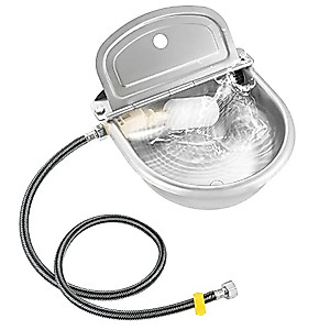 NATGAI Automatic Waterer Bowl with Float Valve and Braided Hose | Stainless Steel Stock Waterer Horse Cattle Goat Sheep Dog Waterer for Livestock Dog Goat Pig Waterer (with Drainage Hole)