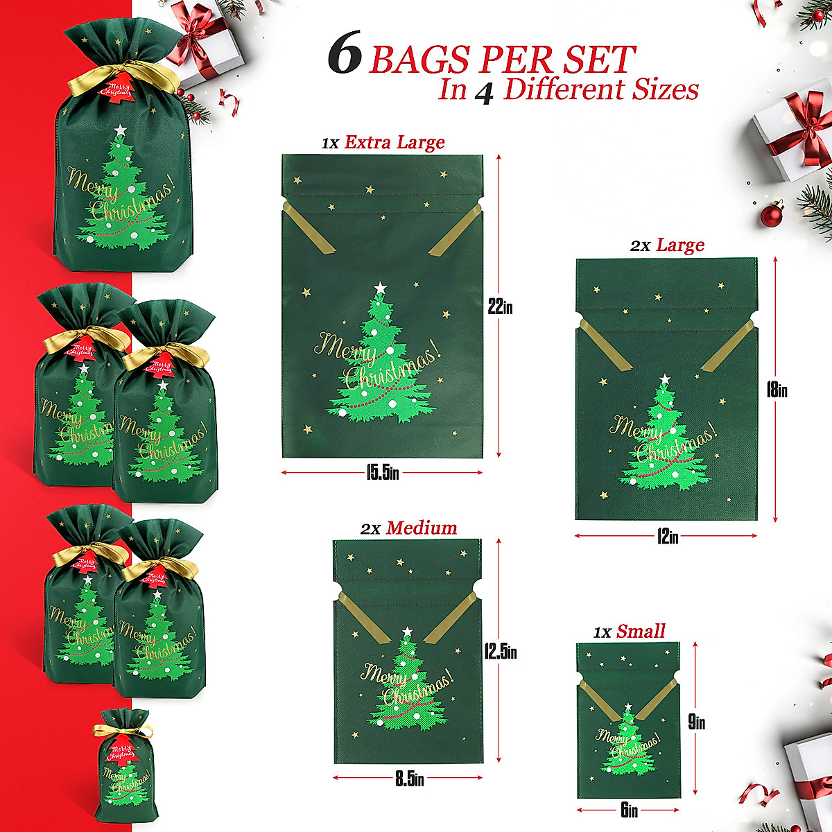 Fabric Gift Bags for Presents - 6 Pcs Large Reusable Christmas Bags with Drawstring (Green Xmas Tree Assorted)
