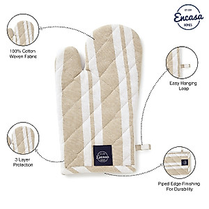 Encasa Homes Long 14 inch Oven Microwave Hand Gloves Mitts (2 pc Set) for Kitchen Cooking & Baking - Heat Resistant, Thick & Safe, Protection of Hands from Hot Utensils - Franca Beige Stripes