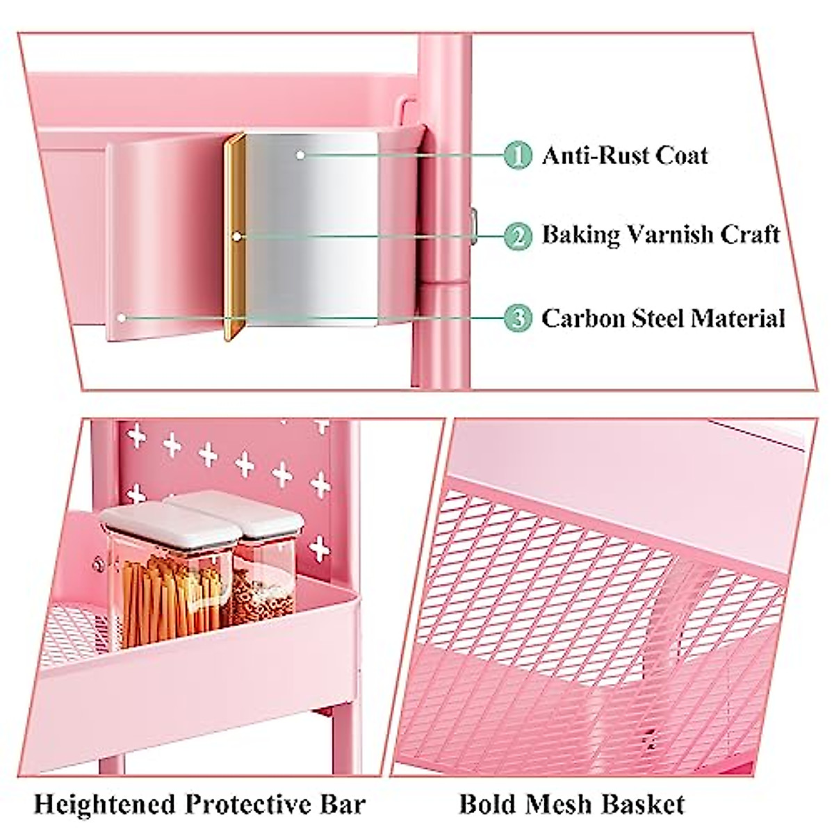 3 Tier Rolling Cart Organizer - Utility Cart on Wheels, Metal Pink Rolling Storage Cart with DIY Dual Pegboards, Removable Baskets Hooks, Teacher Rolling Art Cart for Office, Home, Kitchen, Classroom