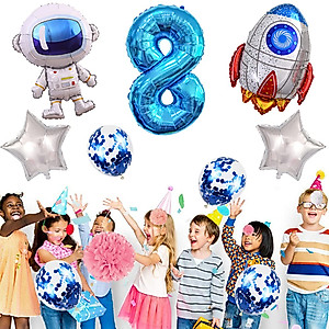 Kawailay Astronaut Rocket 8th Birthday Party Balloons Jumbo Spaceman Birthday Balloons Outer Space Theme Foil Balloons 32 Inch Blue Number 8 Helium Balloon for Birthday Party