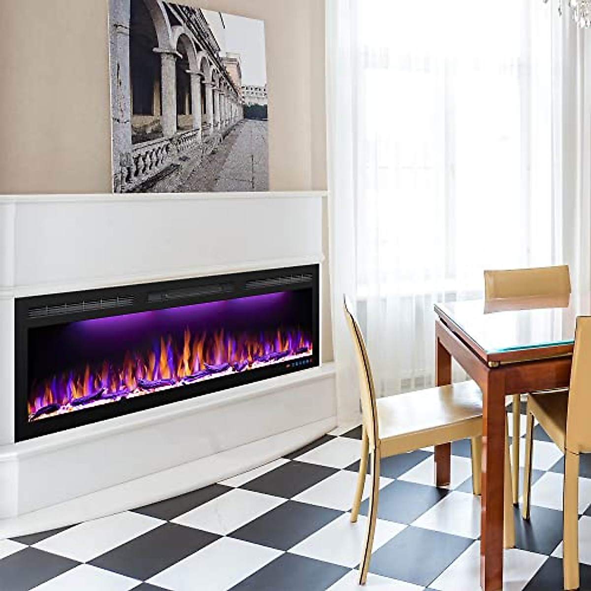 Dreamflame 45inch Linear Electric Fireplace, Recessed & Wall Mounted Fireplace Inserts Electric Heater with Ultra Narrow Bezel, Multiple Flame Effect, Ideal Home Decoration, 750W/1500W, Blackk