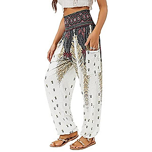 QIANXIZHAN Women's Harem Pants, High Waist Yoga Boho Trousers with Pockets White M