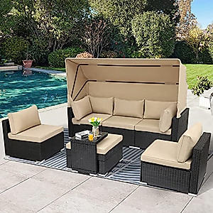 MAGIC UNION 7 Pieces Patio Furniture Sets Daybed with Retractable Canopy, Outdoor Rattan Sectional Sofa Set, Wicker Patio Seating Chairs with Adjustable Backrest for Backyard,Garden,Poolside (Khaki)