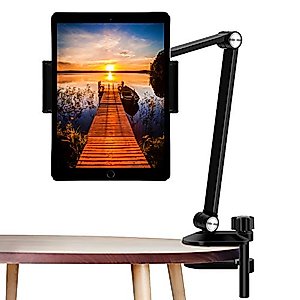 ZEXMTE Tablet Stand Holder, Adjustable Desktop Tablet Holder Mount Foldable Phone Stand with 360° Swivel Phone Clamp Mount Holder,Stable Tablet Stand for iPad 4.7-12.9" Tablets/Phones-Black