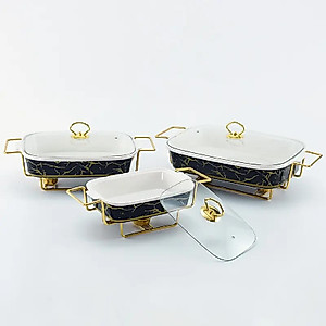 HONHPD 3PCS Rectangular Porcelain Casserole Warming Trays for Food, Ceramics Chafers, and Buffet Warmers Sets, Ceramics Chafing Dish Buffet Set, Green Marble Finish (11inch.13inch.15inch）