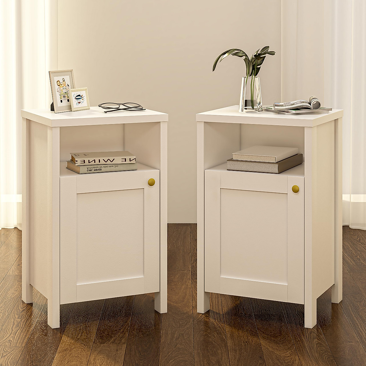 furtble Nightstands Set of 2, Modern Bedside Table, Sofa End Table with Storage Shelf, Narrow Nightstand, Wooden Bedside Furniture for Bedroom, White