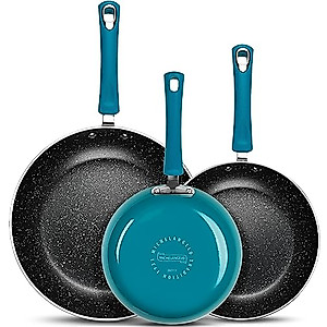 MICHELANGELO Non Stick Frying Pans Set, 3 Piece Frying Pans Nonstick, Enamel Pan Sets for Cooking Nonstick, 8 Inch, 9.5 Inch and 11 Inch Nonstick Frying Pan Set with Silicone Handle, Cyan